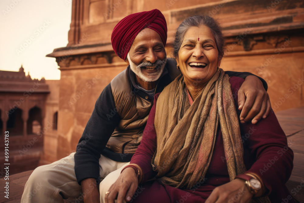 Portrait of a young Indian man with his older Indian wife, exploring a ...
