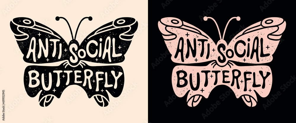 Anti social butterfly lettering drawing. Cute groovy boho aesthetic ...