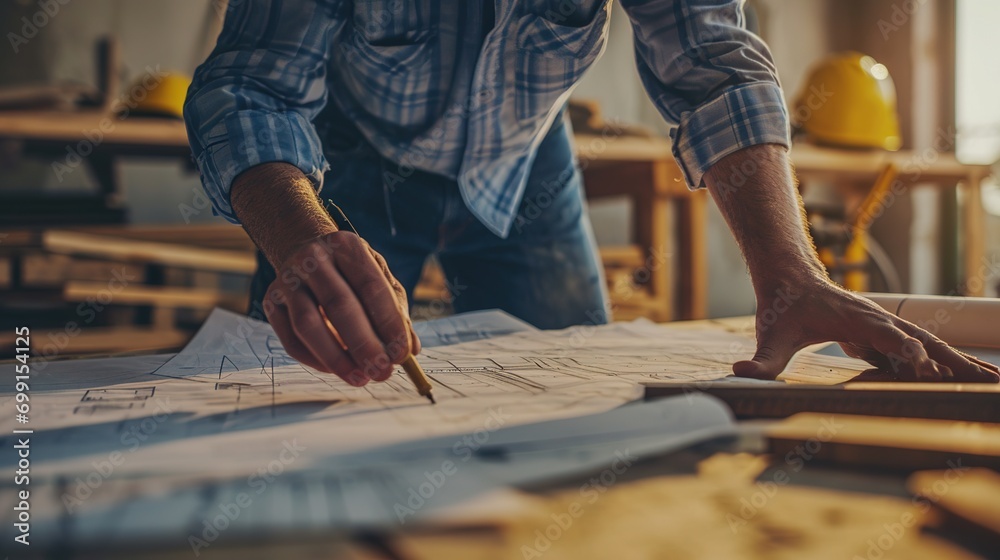 Architectural engineer working on his blueprints with documents on ...