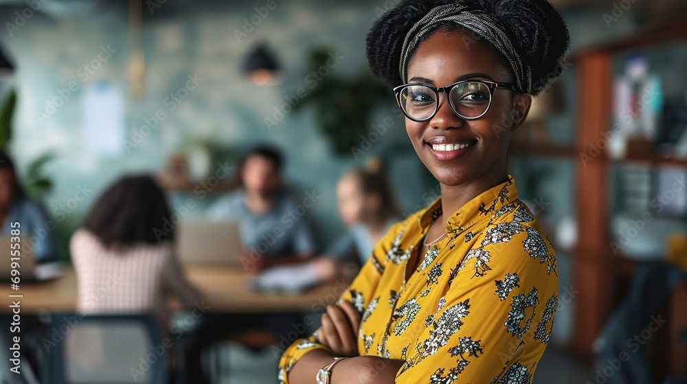 Beautiful young grinning professional Black woman in office with ...