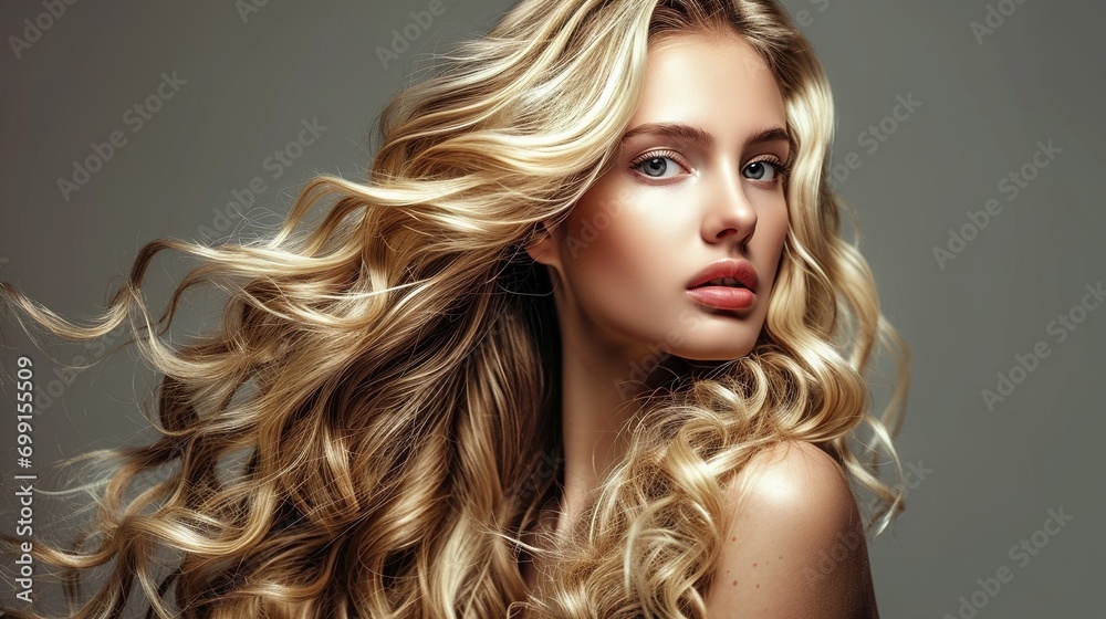 Beauty blonde girl with long and shiny wavy hair. Beautiful woman model ...