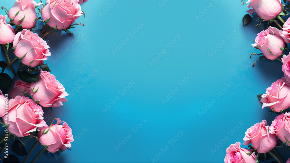 Algumas rosas cor-de-rosa, formando uma moldura com fundo azul com ...