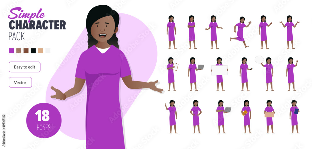 Simple flat black female vector character in a set of multiple poses ...
