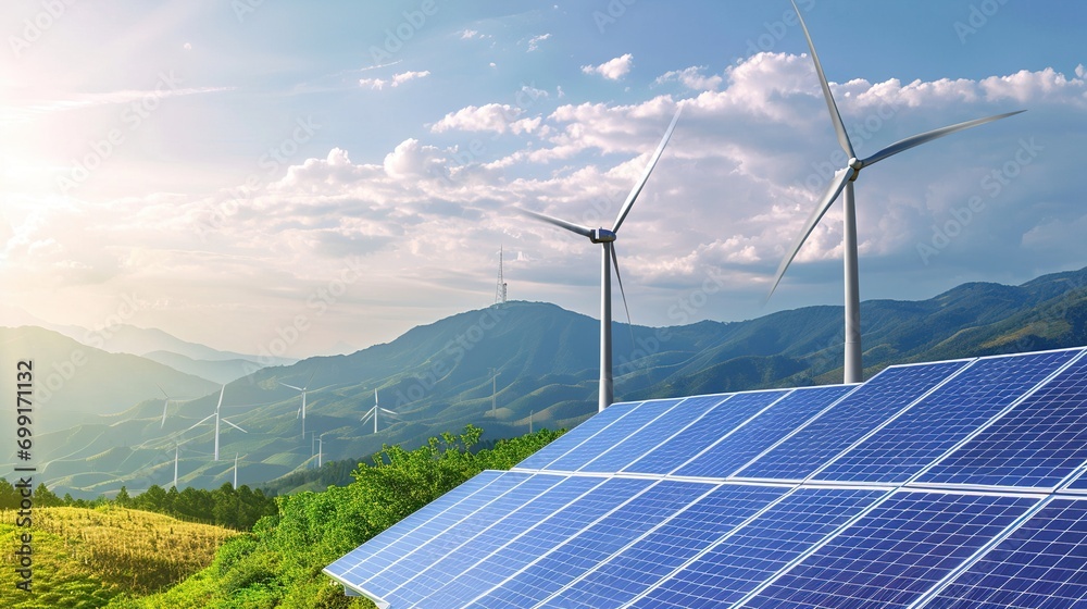 Solar energy panel photovoltaic cell and wind turbine farm power ...
