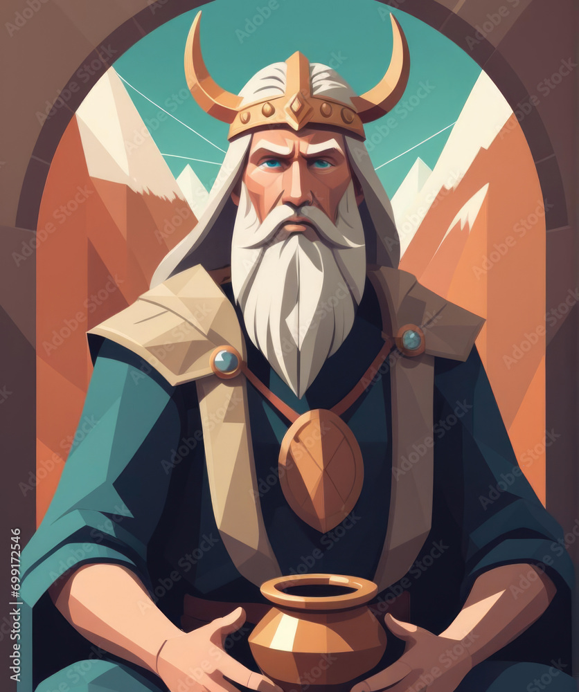 Nordic God Mimir - A dynamic flat illustration of Mimir, the Nordic god ...