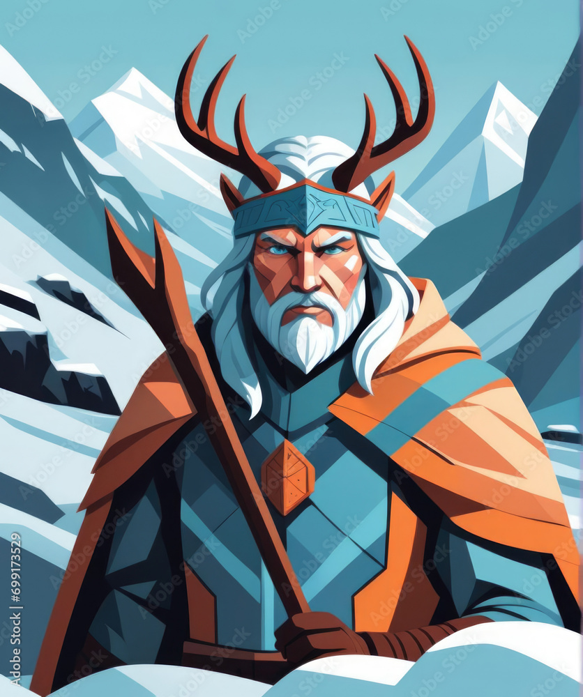 Skadi, the Nordic Huntress - Close-up flat illustration of a dynamic ...