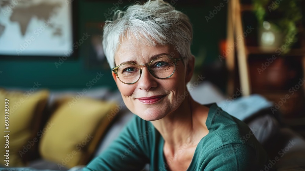 Smiling middle aged mature grey haired woman looking at camera, happy ...