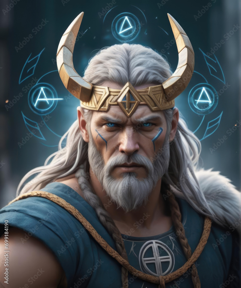 Nordic God Hoenir - Close-up portrait in a dynamic action scene ...