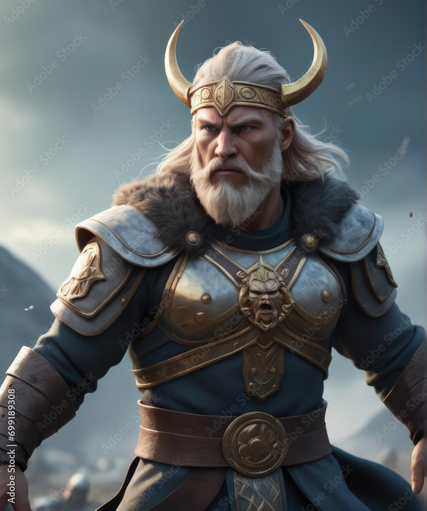 Close-up Portrait of Baldur - Nordic god standing unharmed in a vibrant ...