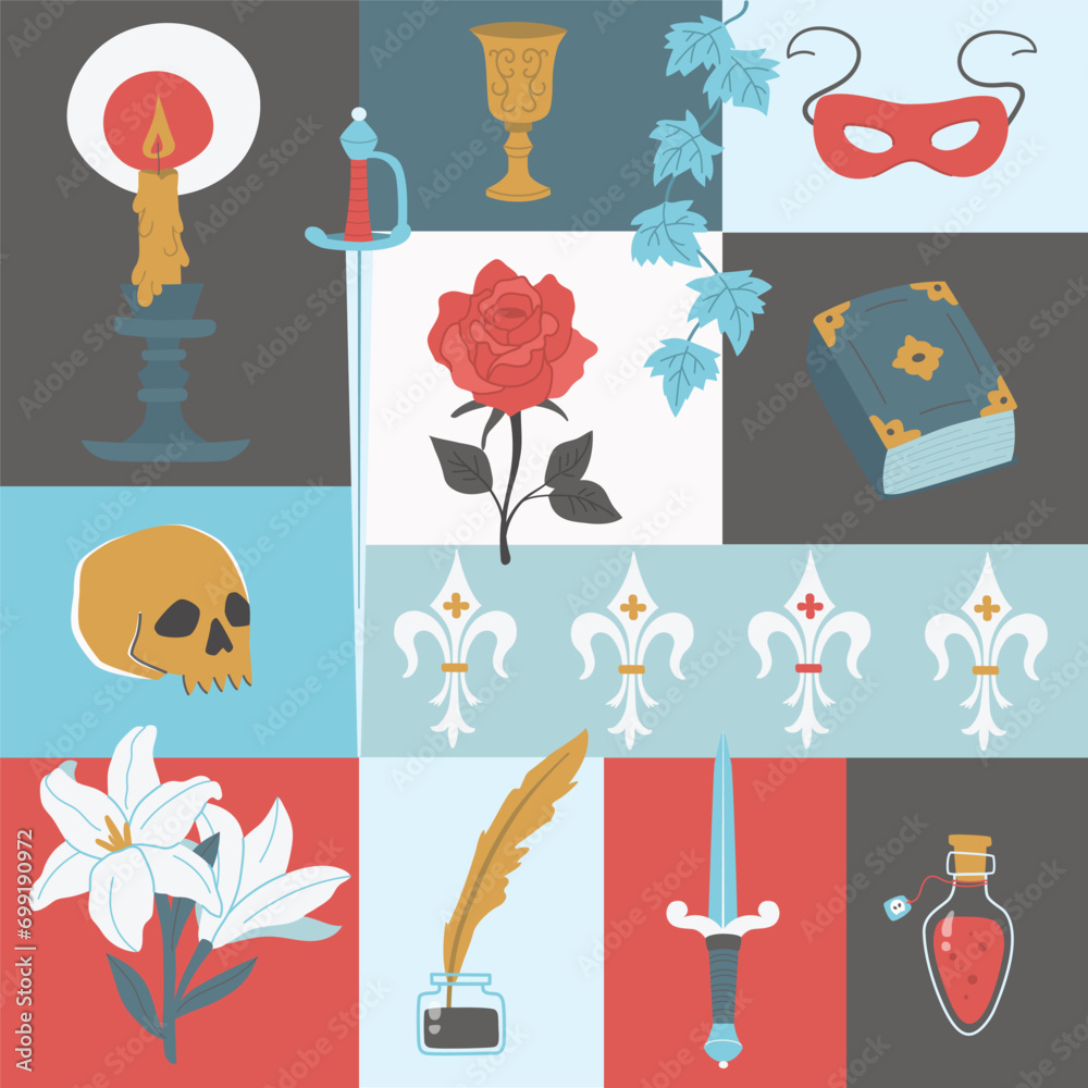 Concept on the theme of Romeo and Juliet. Items from a classical play ...