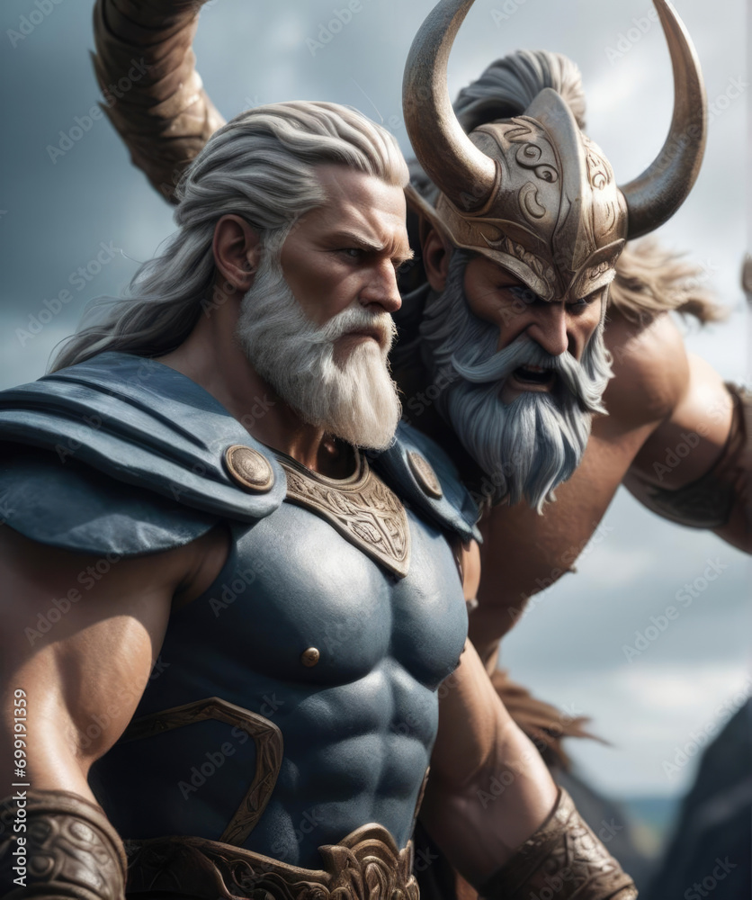 Nordic God Vidar Avenging - Close-up flat illustration of a dynamic ...