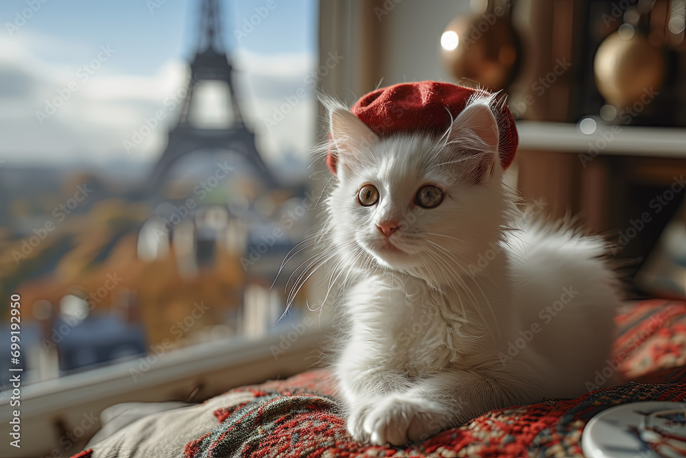 Hermoso gato de pelo blanco con boina francesa de lana roja tumbado en ...