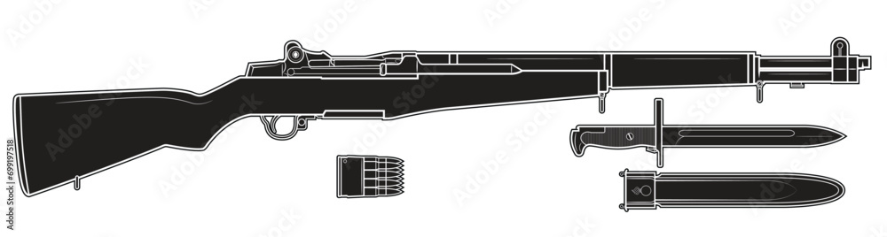 Vector illustration of the M1 Garand rifle and equipment such as a ...