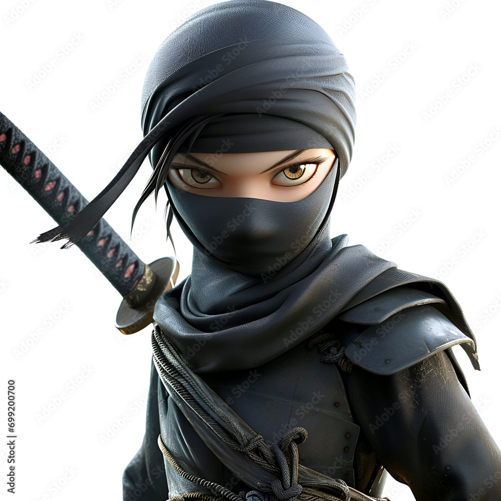 Close-up image of a 3D rendered animated ninja character illustration ...