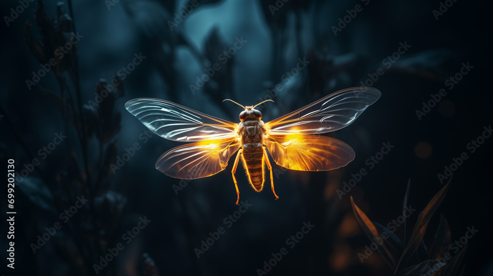 a glowing firefly with illuminated wings, surrounded by dark foliage ...