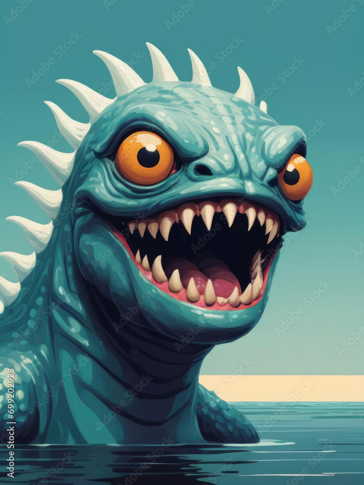 Minimalist Sea Monster in Flat Pop Art Style - A medium shot of a sea ...