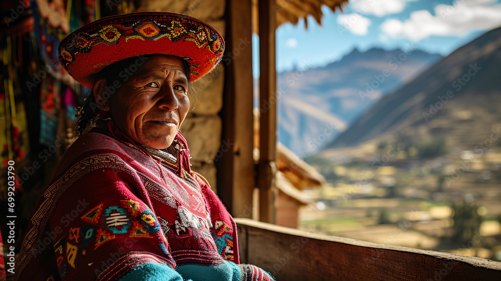 Peruvian folk art portrait, weaver with textiles in Andean patterns ...