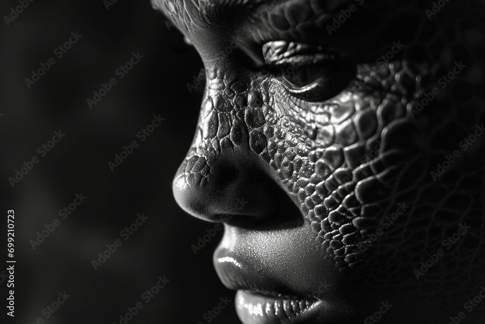 Monochromatic image focusing on the contrast between the sleek, scaly ...