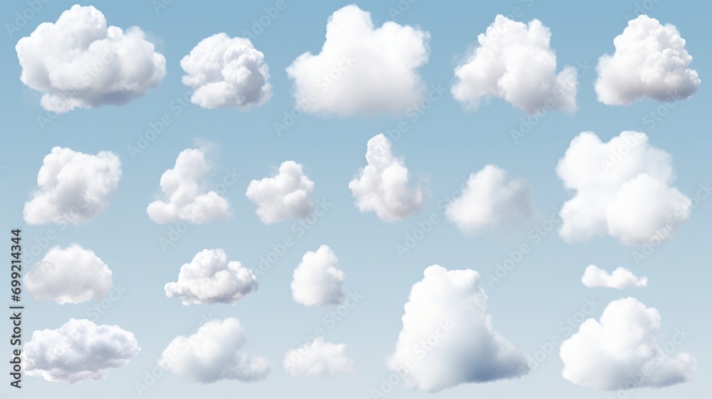 3d render. Collection of random shapes of abstract clouds. Cumulus ...
