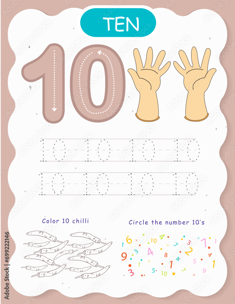Educational worksheet for preschool and school kids learning number ten ...