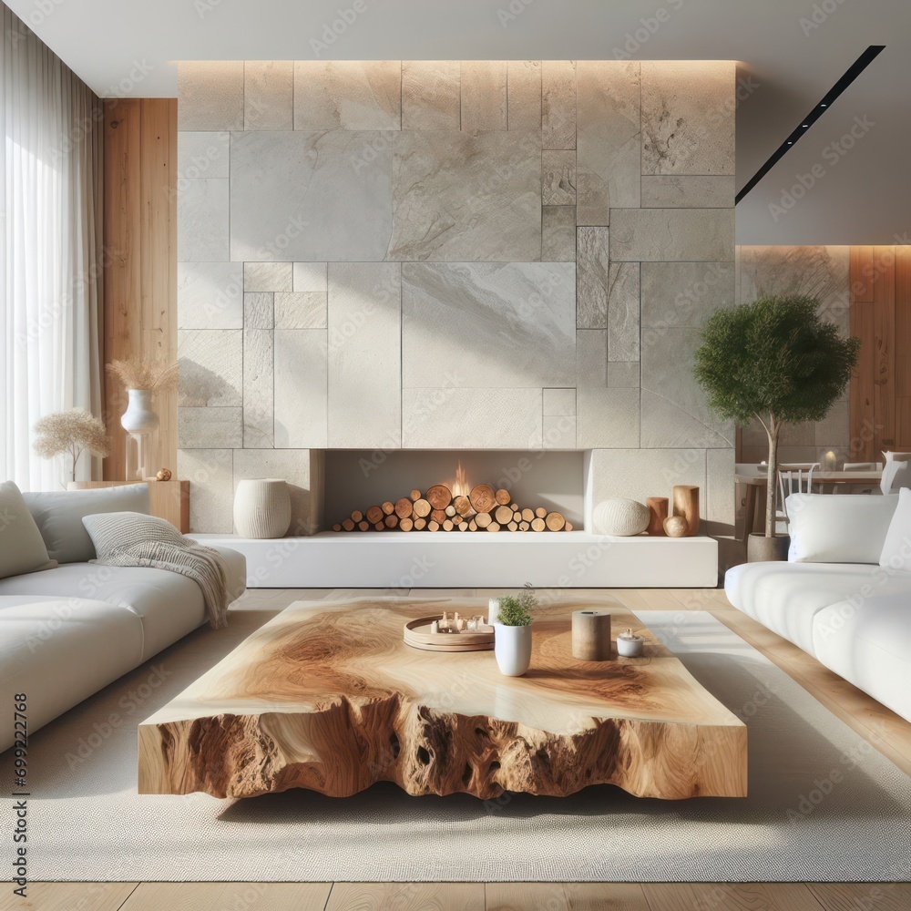 Wooden live edge accent coffee table between white sofas by fireplace ...