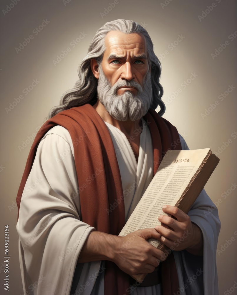 Realistic biblical figure Moses holding the Ten Commandments in a flat illustration style Gen AI ...