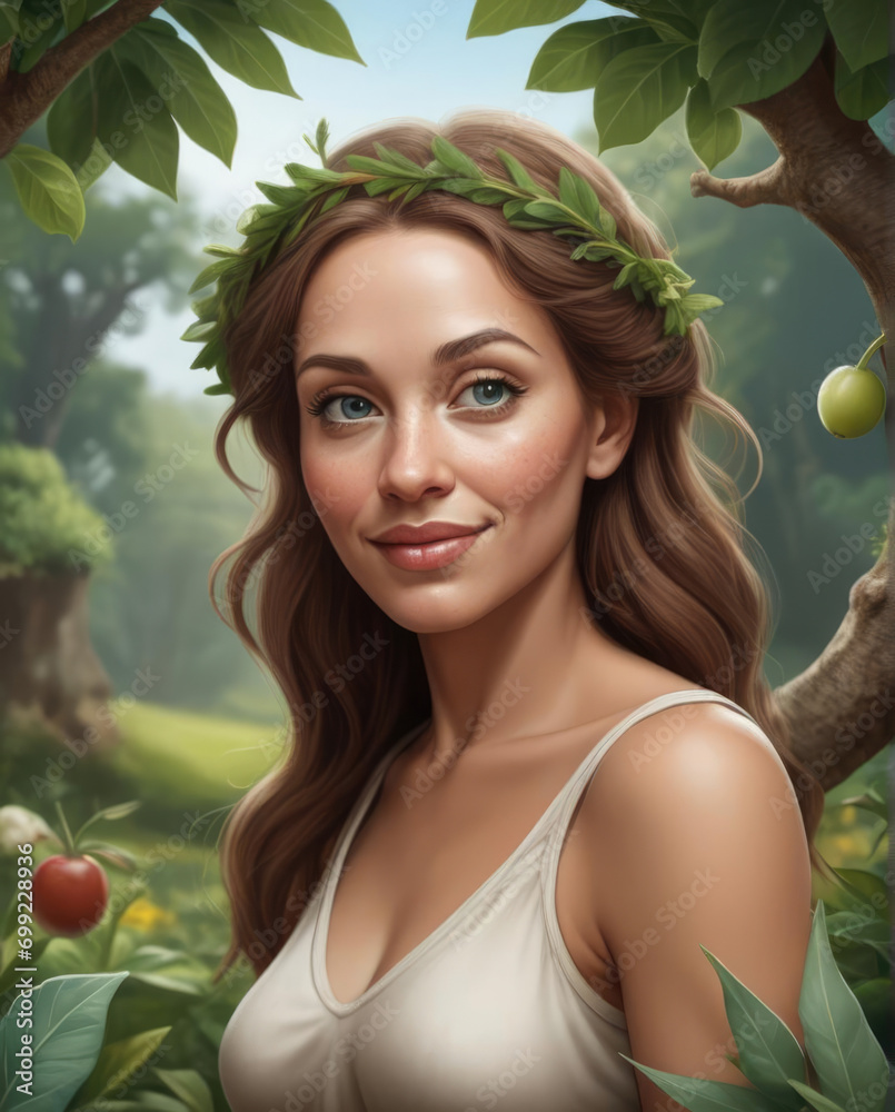 Realistic flat illustration of Eve in the Garden of Eden - a playful ...