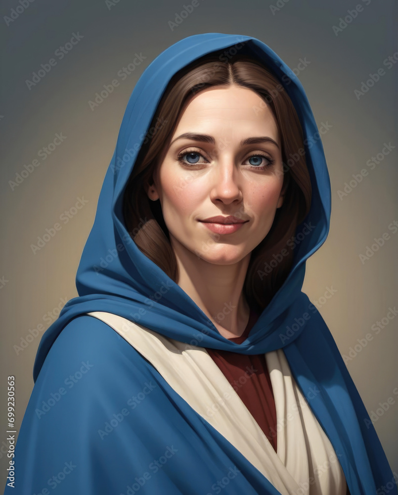 Realistic Flat Illustration Portrait Of Mary Mother Of Jesus Wearing A Blue Cloak Gen Ai Stock