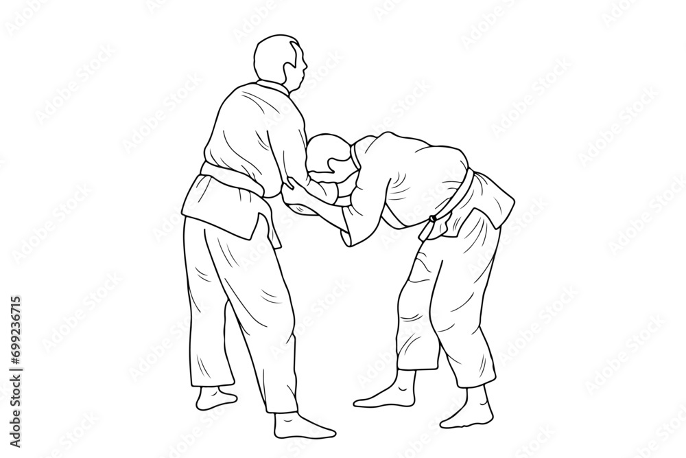 Line drawing of two young sportive judoka fighter. Judoist, judoka ...