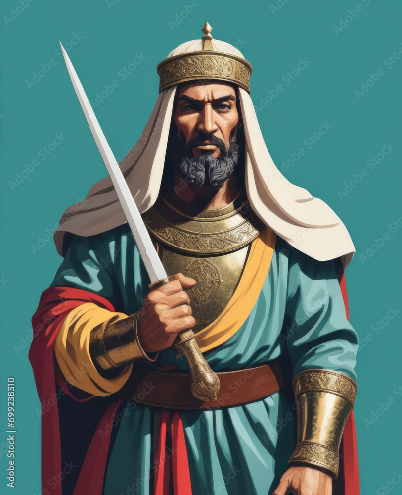 Flat Pop Art Style Portrait of Saladin with Scimitar on Modern Abstract ...
