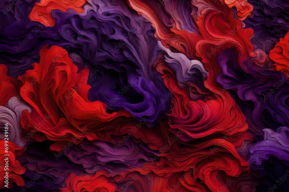 Bold strokes of fiery red and royal purple collide, creating a powerful ...