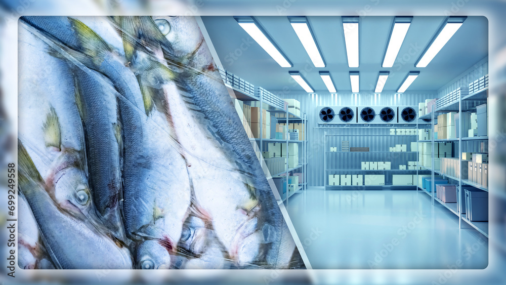 Freezer with fish. Refrigerated warehouse. Frozen fish near storage ...