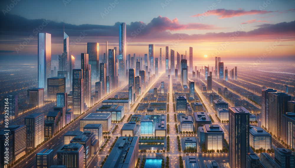 Futuristic smart city at twilight with sleek architecture and advanced ...