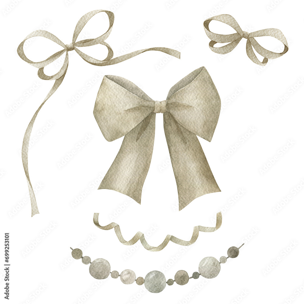 Watercolor set of isolated beige bows on white background. Ribbons ...