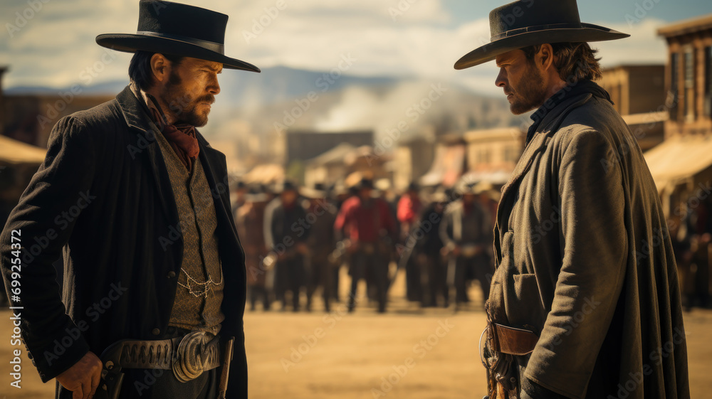 Duel between cowboys like in western movie, standoff of two men wearing ...