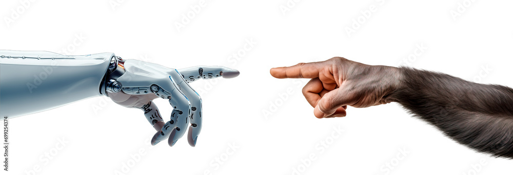Robot hand trying to reach ape hand over isolated transparent ...