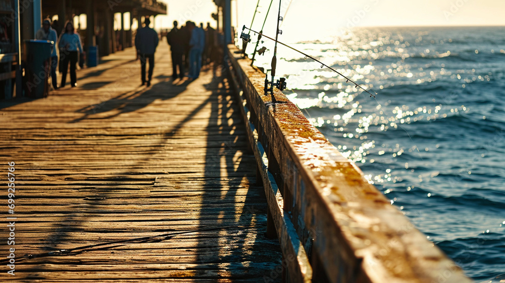Pier Fishing Panorama: A panoramic view of people fishing from a pier ...