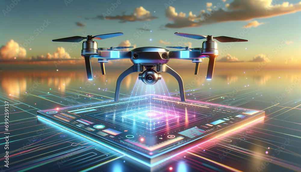 Futuristic drone with holographic AI interface on high-tech landing pad ...