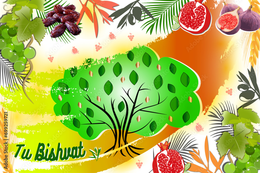 Postcard for the Jewish holiday "Tu bishvat" with symbols of the ...