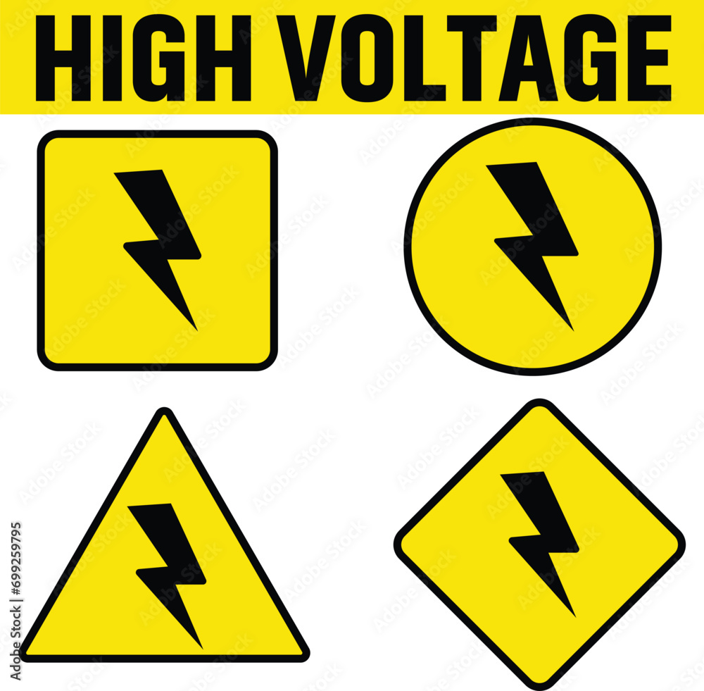 High voltage sign. Lightning bolt icon set. Electric shock caution ...