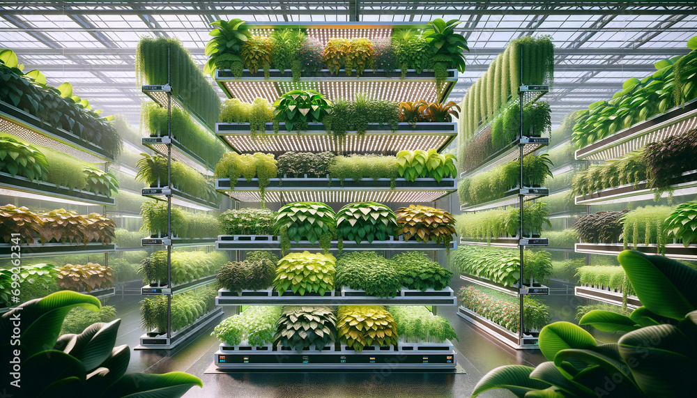 Lush, vibrant vertical farming module with diverse plant species in ...