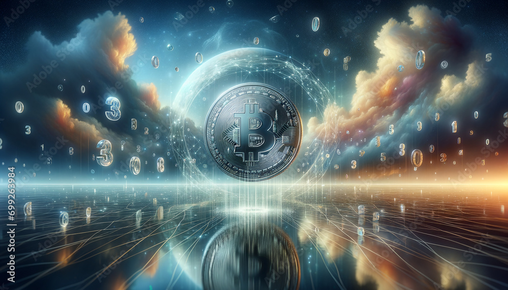 Surreal digital currency concept with floating silver coin and glowing ...