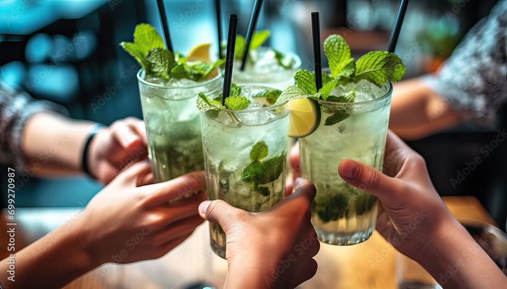 Happy friends group cheering mojito drinks at fancy bar restaurant ...