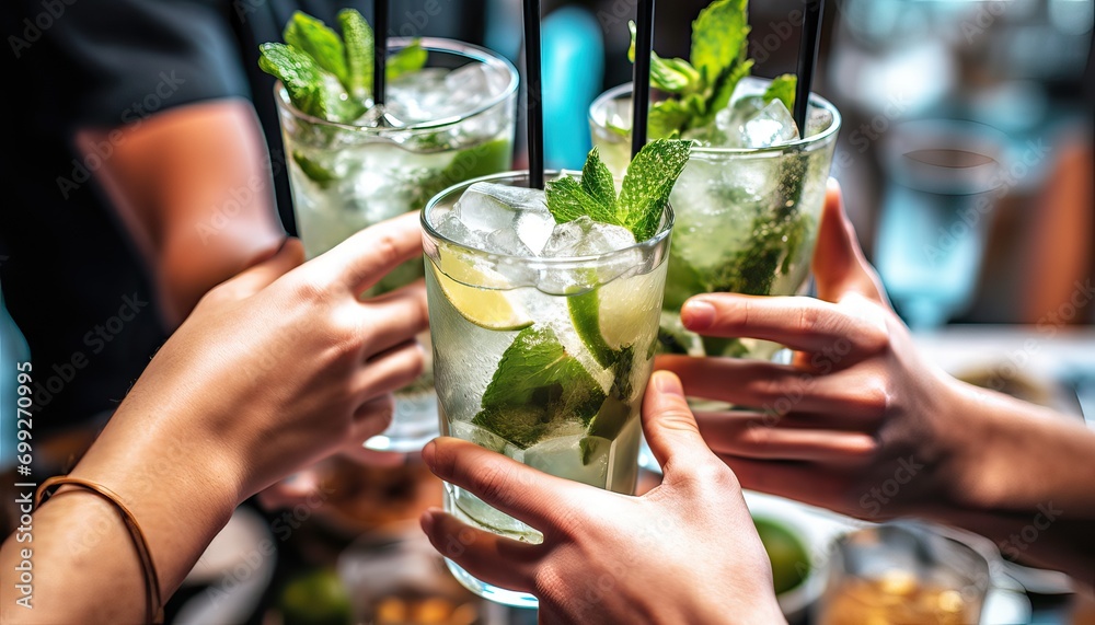 Happy friends group cheering mojito drinks at fancy bar restaurant ...