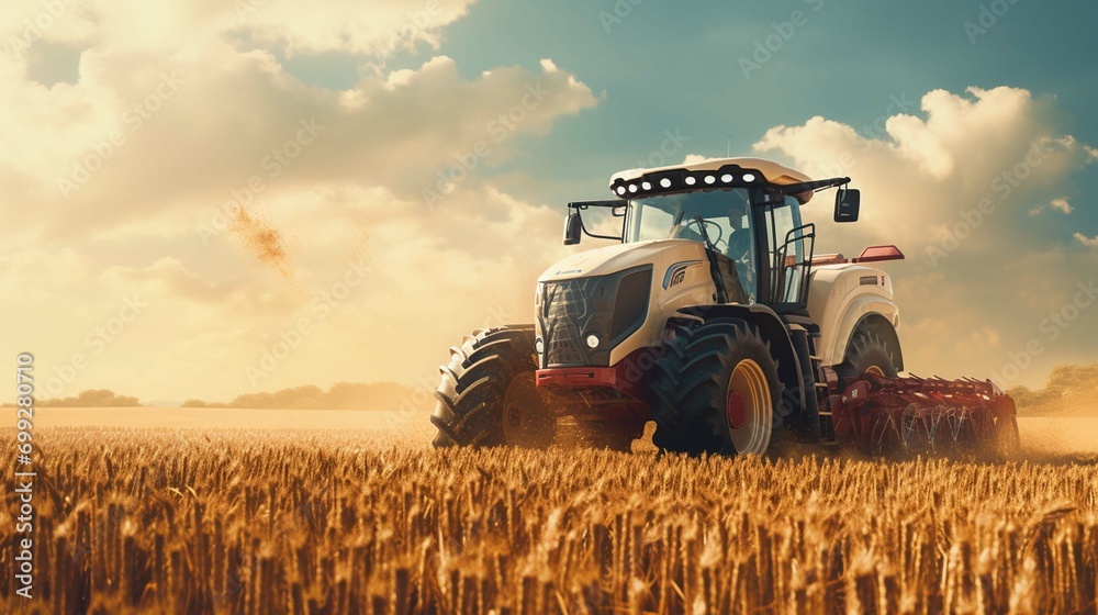 Large powerful rural tractor advancing through wheat plantations for ...