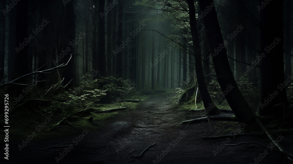pathway through a dark forest. The pathway through the dark foggy ...