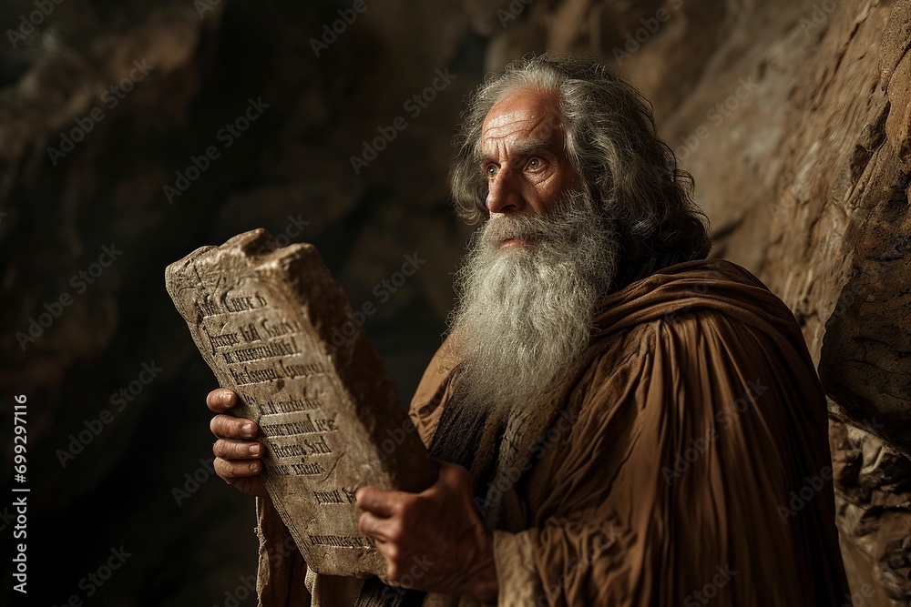 Moses holding the stone tablets with the 10 commandments, Bible story ...