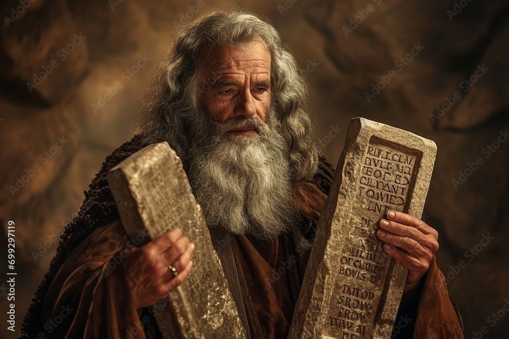 Moses holding the stone tablets with the 10 commandments, Bible story ...