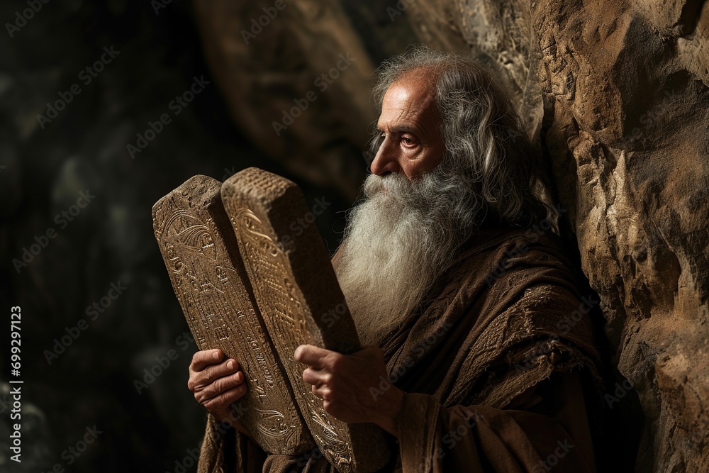 Moses holding the stone tablets with the 10 commandments, Bible story ...