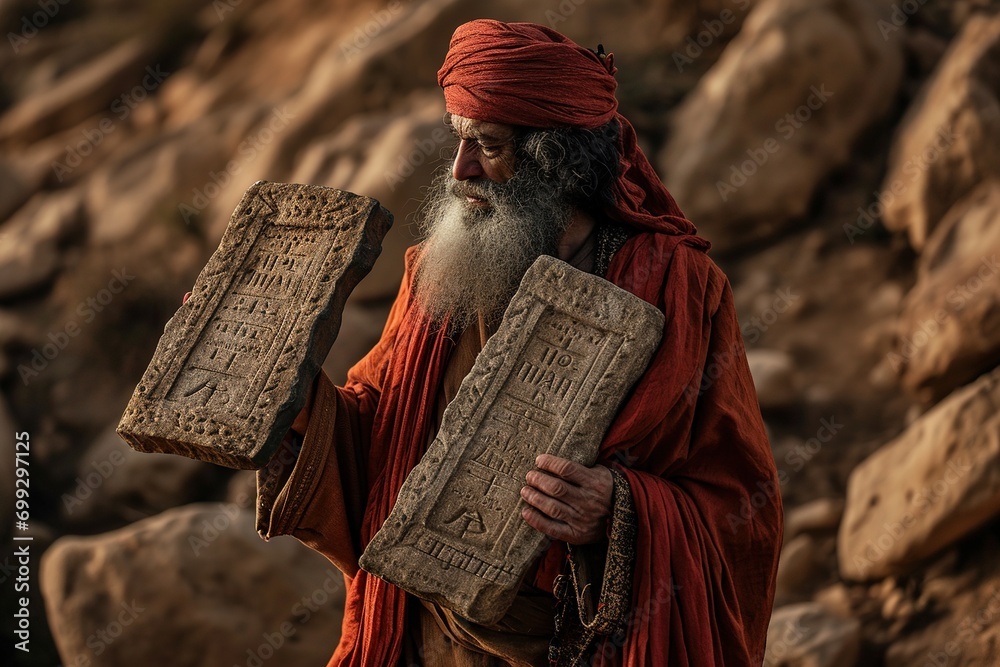 Moses holding the stone tablets with the 10 commandments, Bible story ...